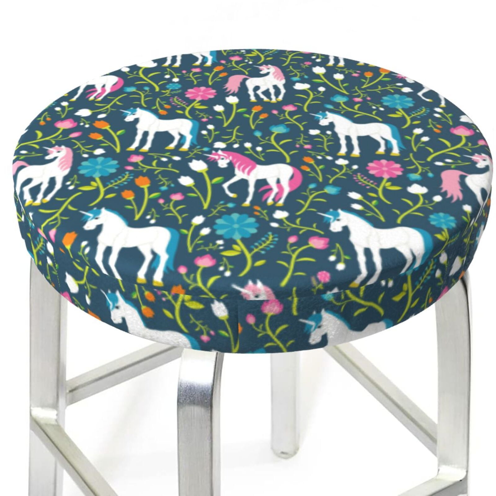 Cartoon Cute White Horse Flower_A Bar Stool Covers - Stretch Round Seat ...
