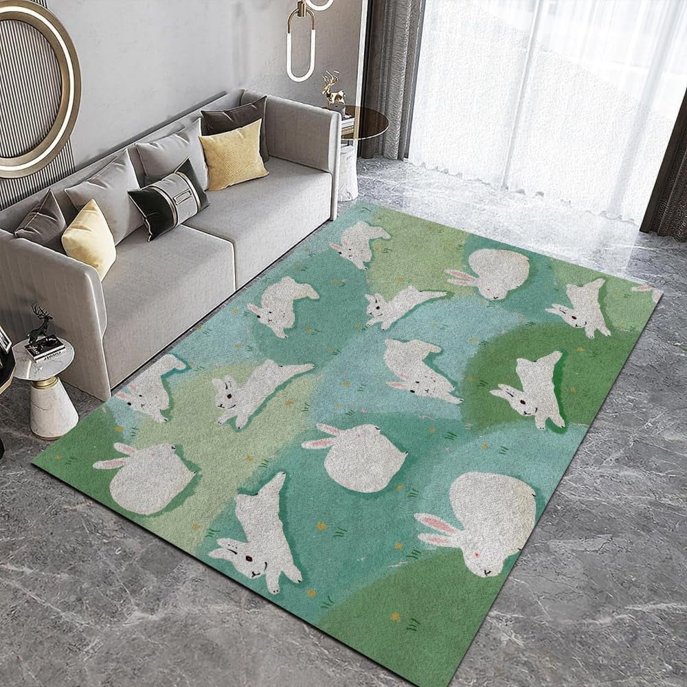 Cartoon Cute White Rabbit Washable Carpet Rectangular Large Area Rug ...