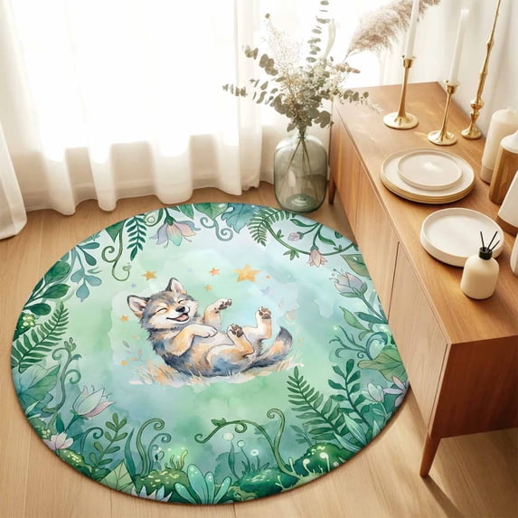 Cartoon Cute Wolf Stars Round Rug 3ft Forest Green Leaf Flower Plant ...