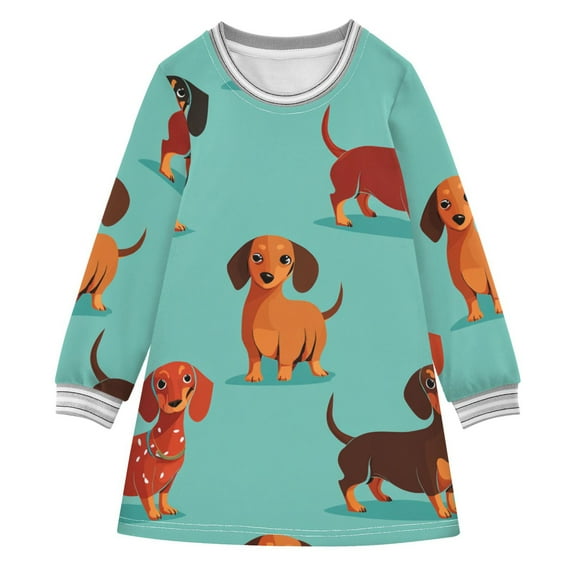 Cartoon Dachshund Dogs Long-sleeved Dress A-line One-Piece Dress for 2 ...