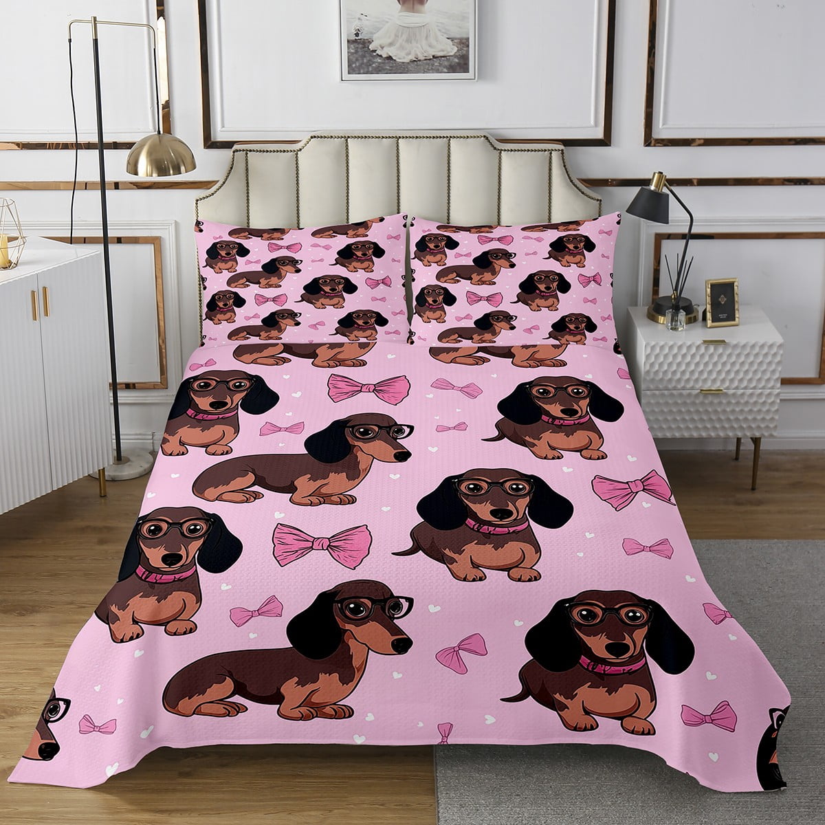 Cartoon Dachshund Twin Coverlet Set Sausage Dog Bowknot Bedspread Set ...