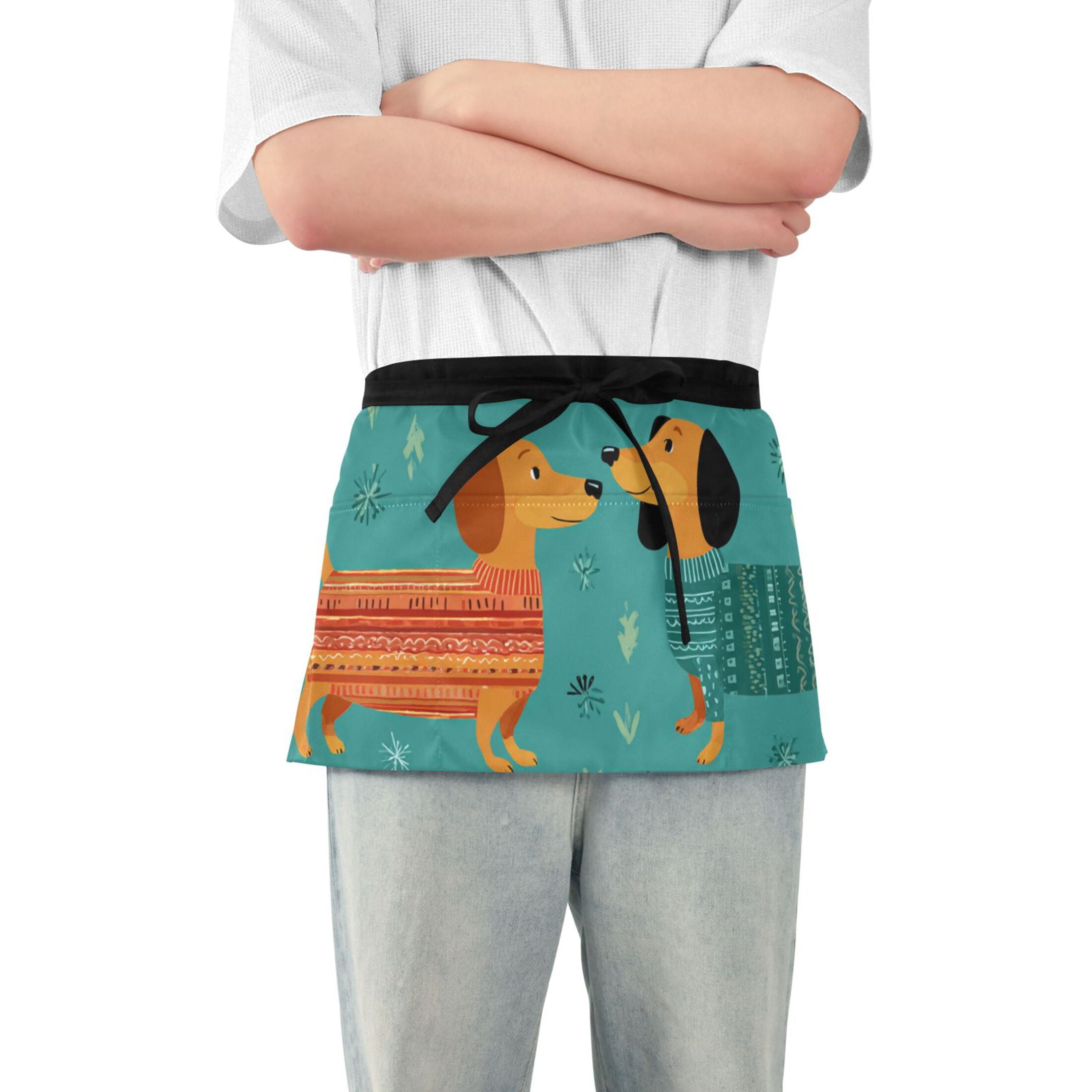 Cartoon Dachshund with Sweaters Short Server Apron with 3 Pockets for ...