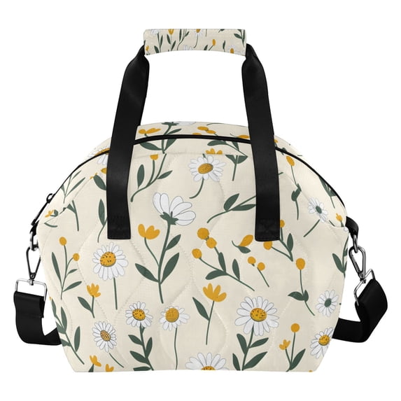 Cartoon Daisies Leaves Insulated Lunch Bag Reusable Quilted Lunch Box ...