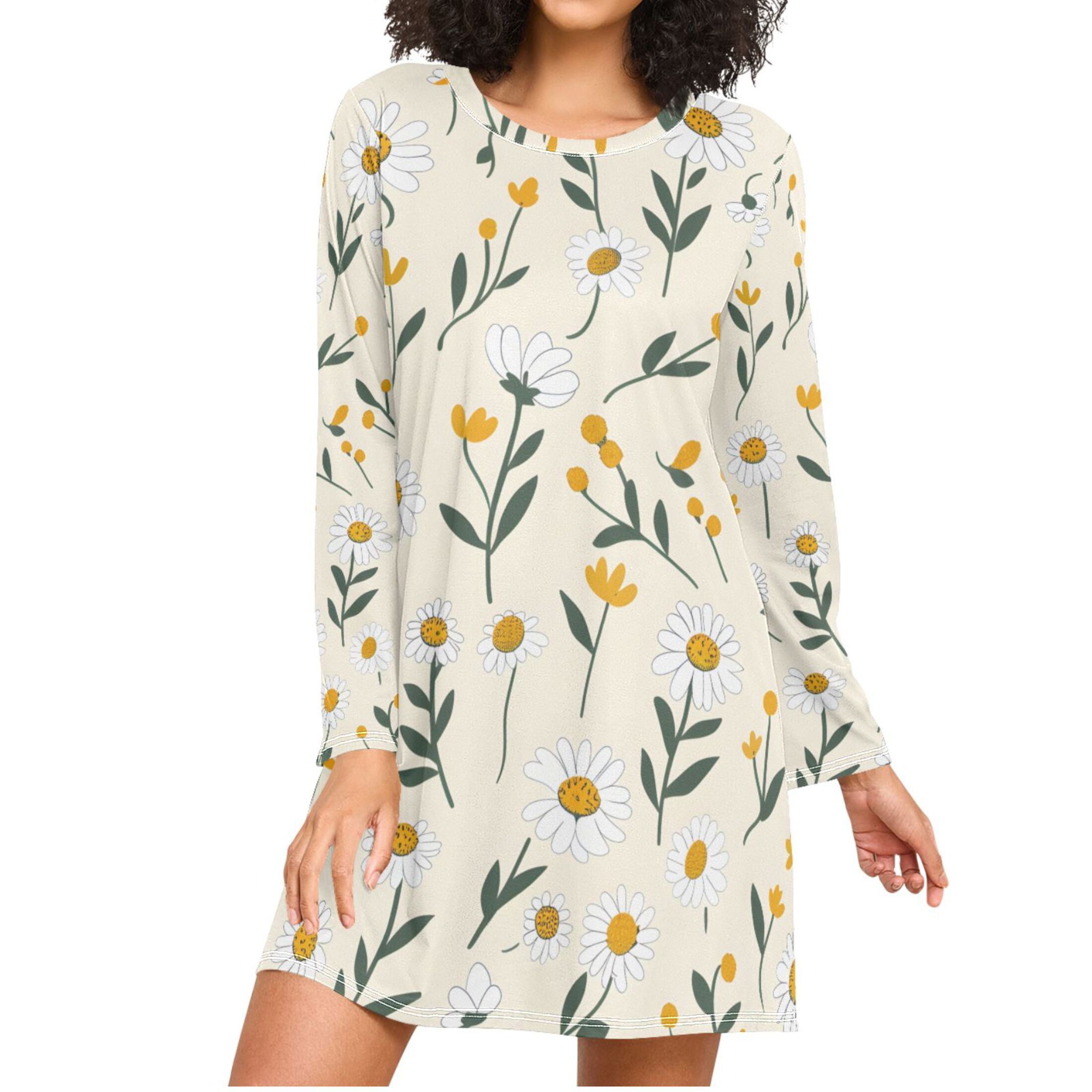 Cartoon Daisies Leaves Women's Long Sleeves Nightgowns Sleepwear Soft ...