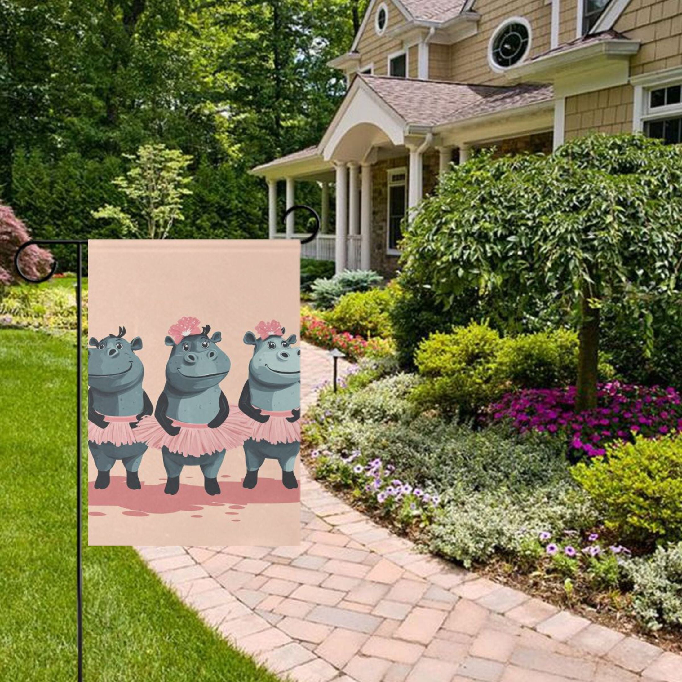 Cartoon Dancing Hippo Garden Flag 28x40 inch Double Sided Outside Yard ...