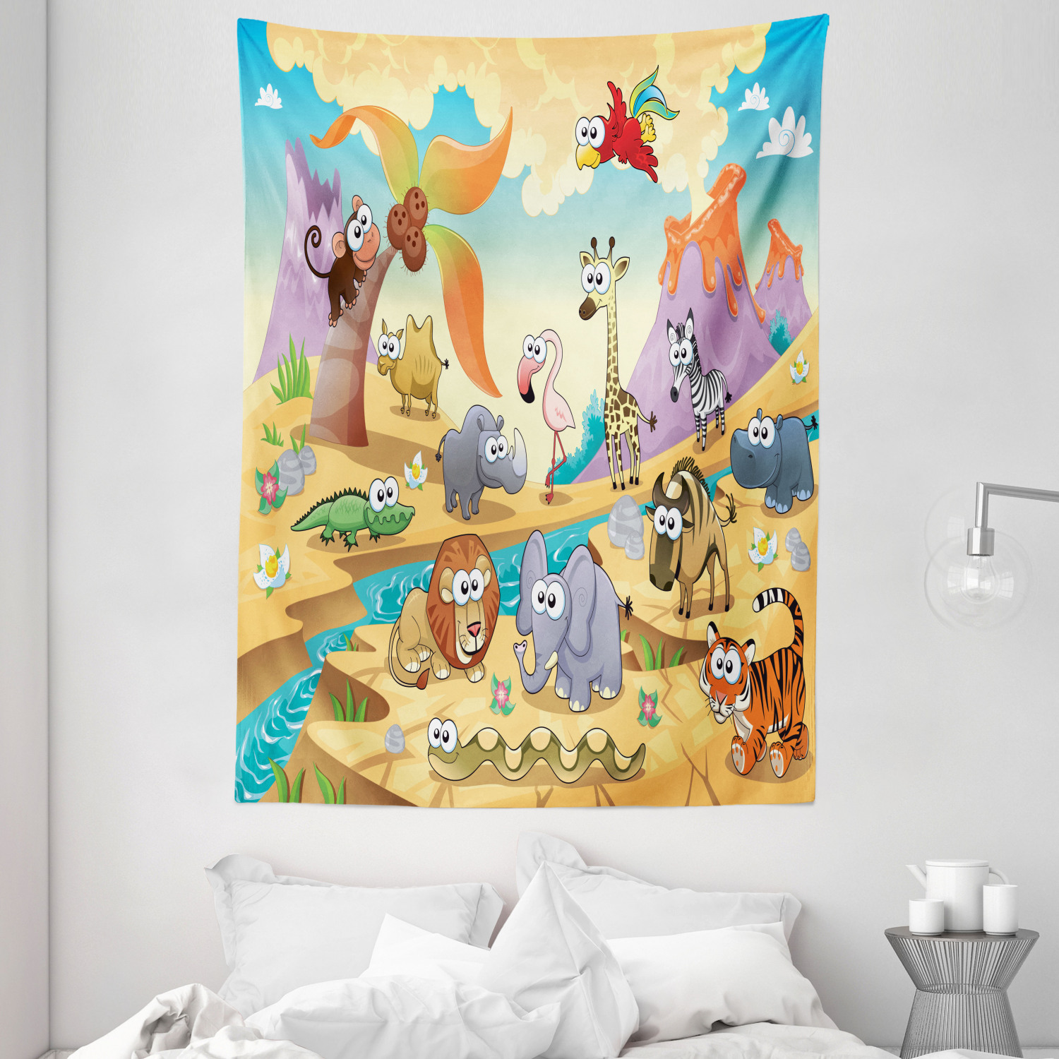 Cartoon Decor Wall Hanging Tapestry, Savannah Animal Family with ...