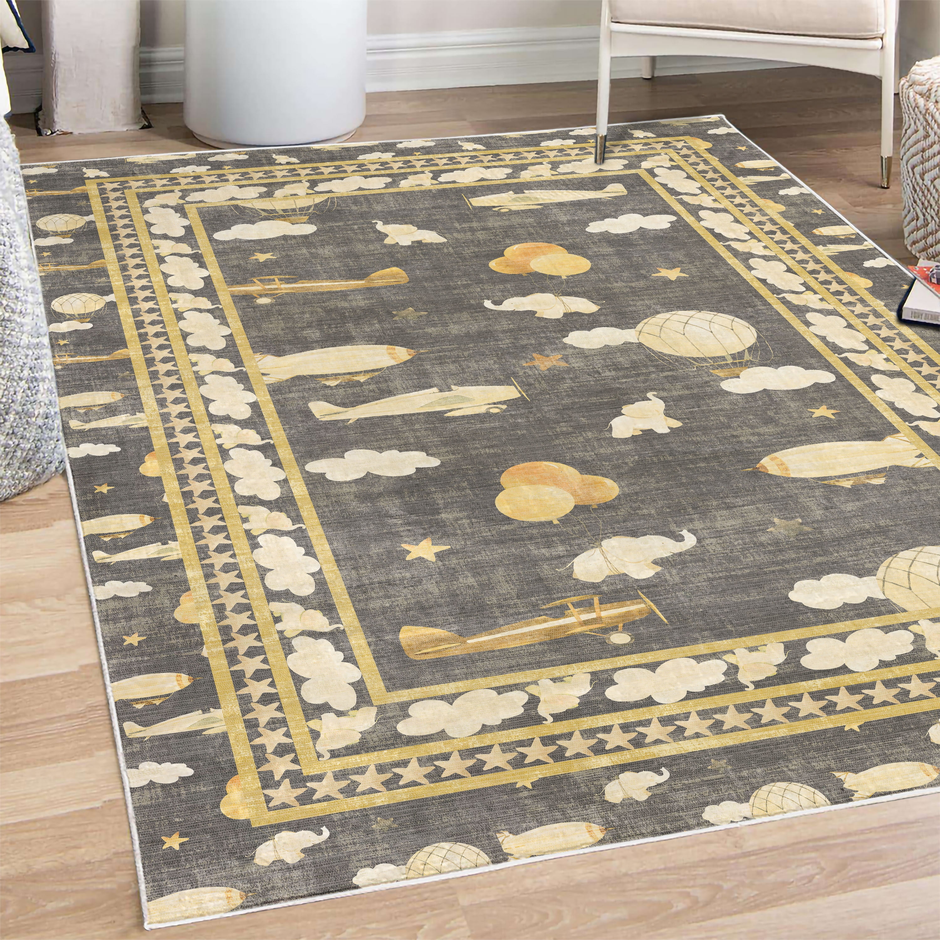 Cartoon Decorative Rug, Vintage Air Planes Hot Air Balloons Flying ...