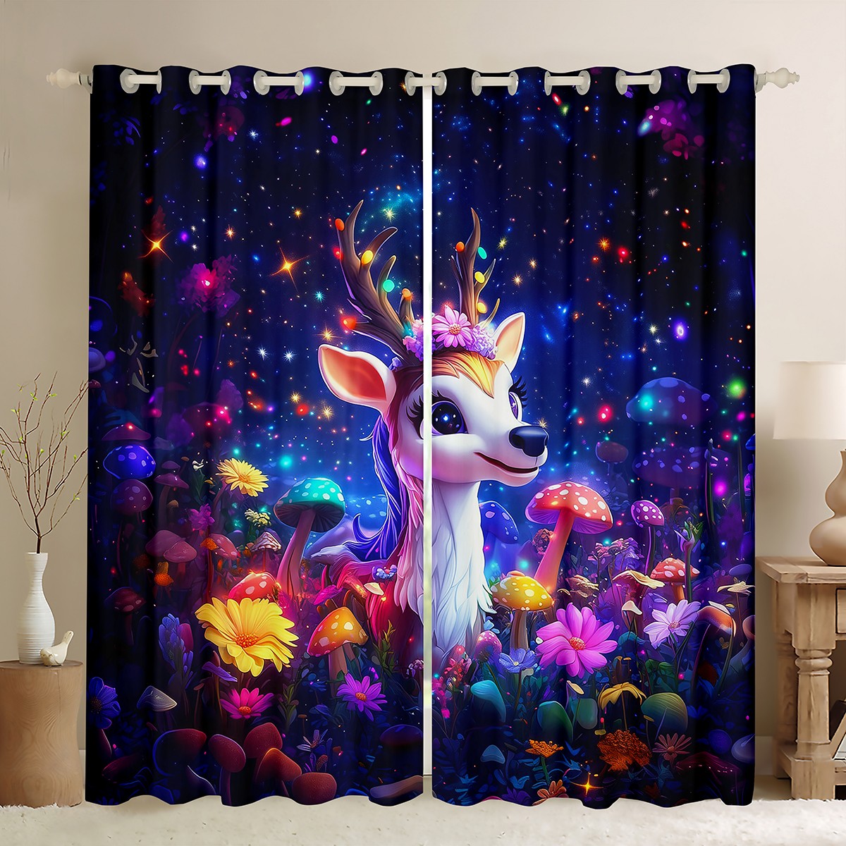 Cartoon Deer Kids Curtains & Drapes Cute Kawaii Elk Animal 42"Wx84"L ...