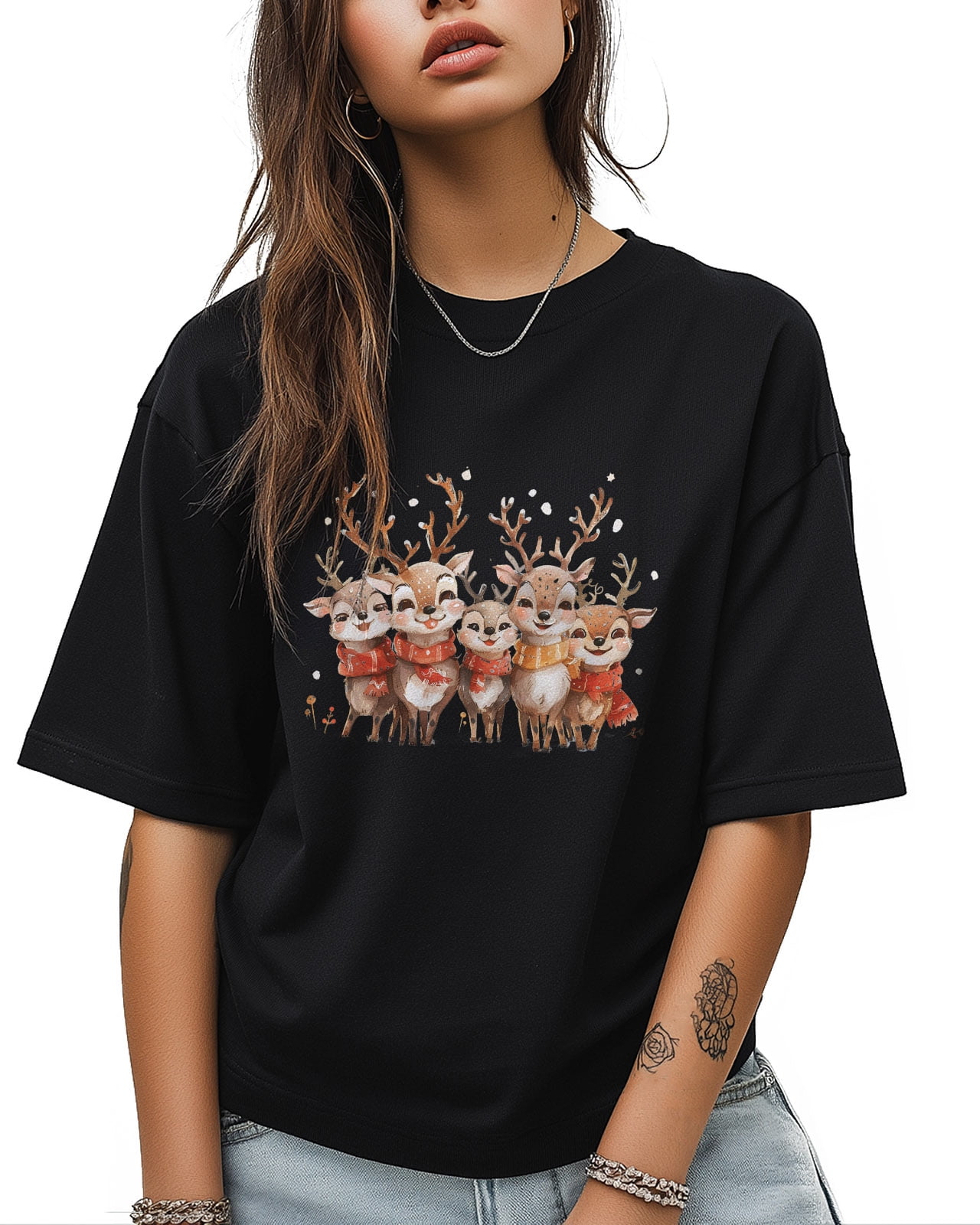 Cartoon Deer T Shirts for Women Short Sleeve Cotton Crewneck T-Shirt ...
