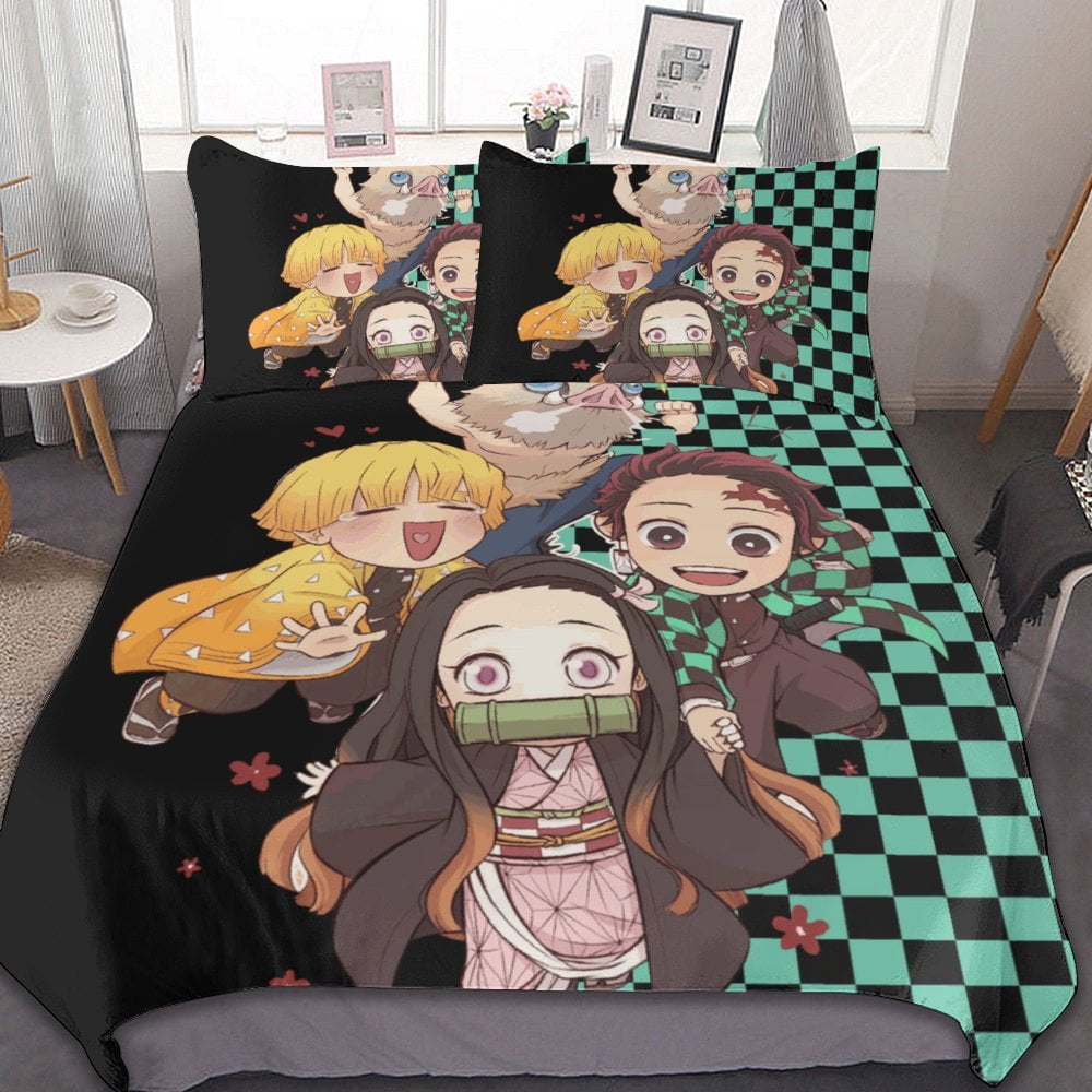 Cartoon Demon Slayer 3 Piece Bed Set Warm And Comfortable Kawaii Bedding Set Cute Soft Tanjiro