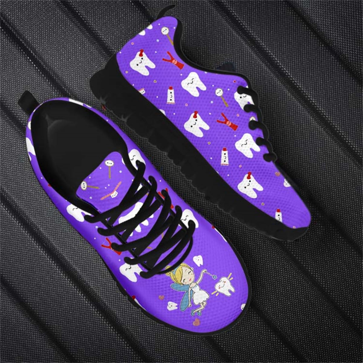 Cartoon Dentist Print Lace-Up Sneakers Women Cute Teeth Pattern Light ...