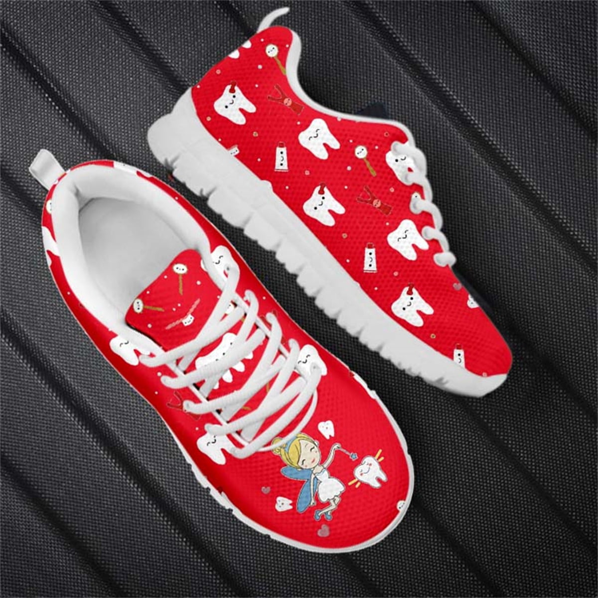 Cartoon Dentist Print Lace-Up Sneakers Women Cute Teeth Pattern Light ...