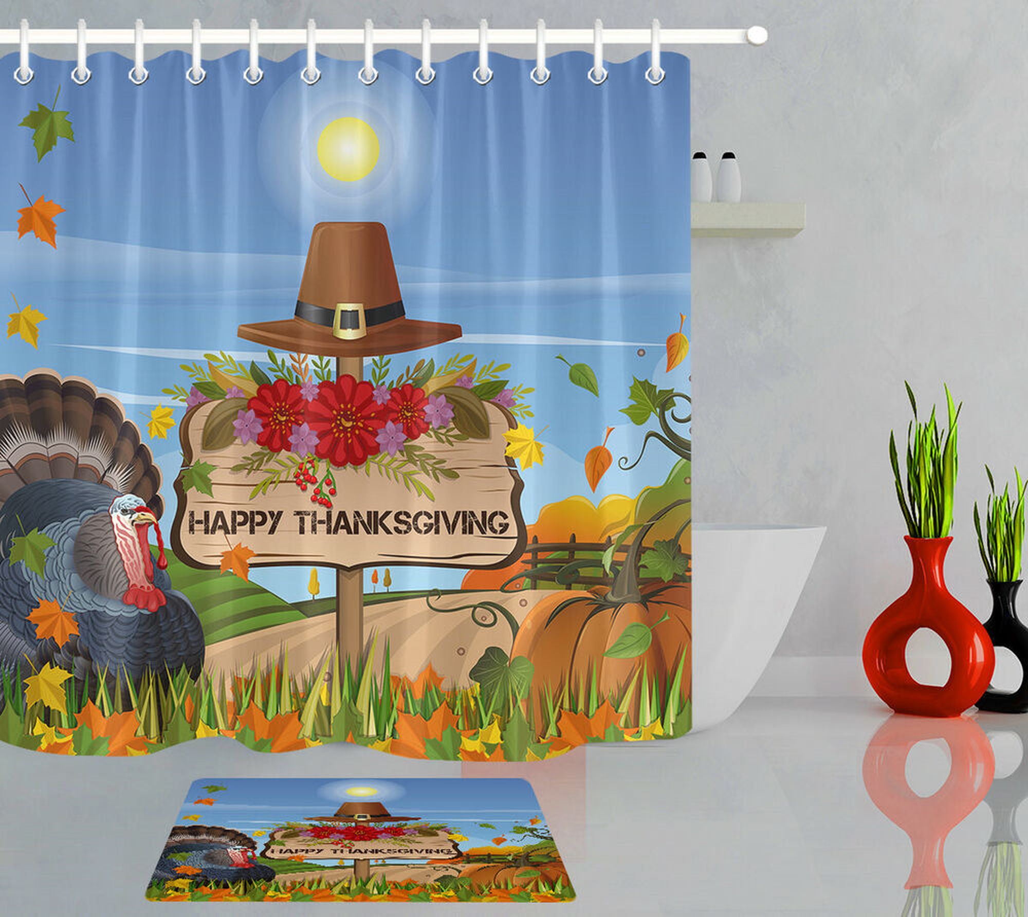 Cartoon Design Happy Thanksgiving Turkey Shower Curtain Set Bathroom ...
