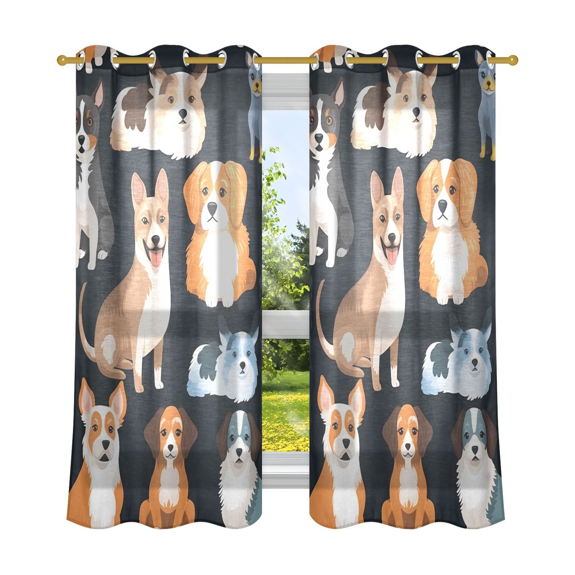 Cartoon Different Cute Dogs Semi Sheer Curtains 2 Panels Faux Linen ...