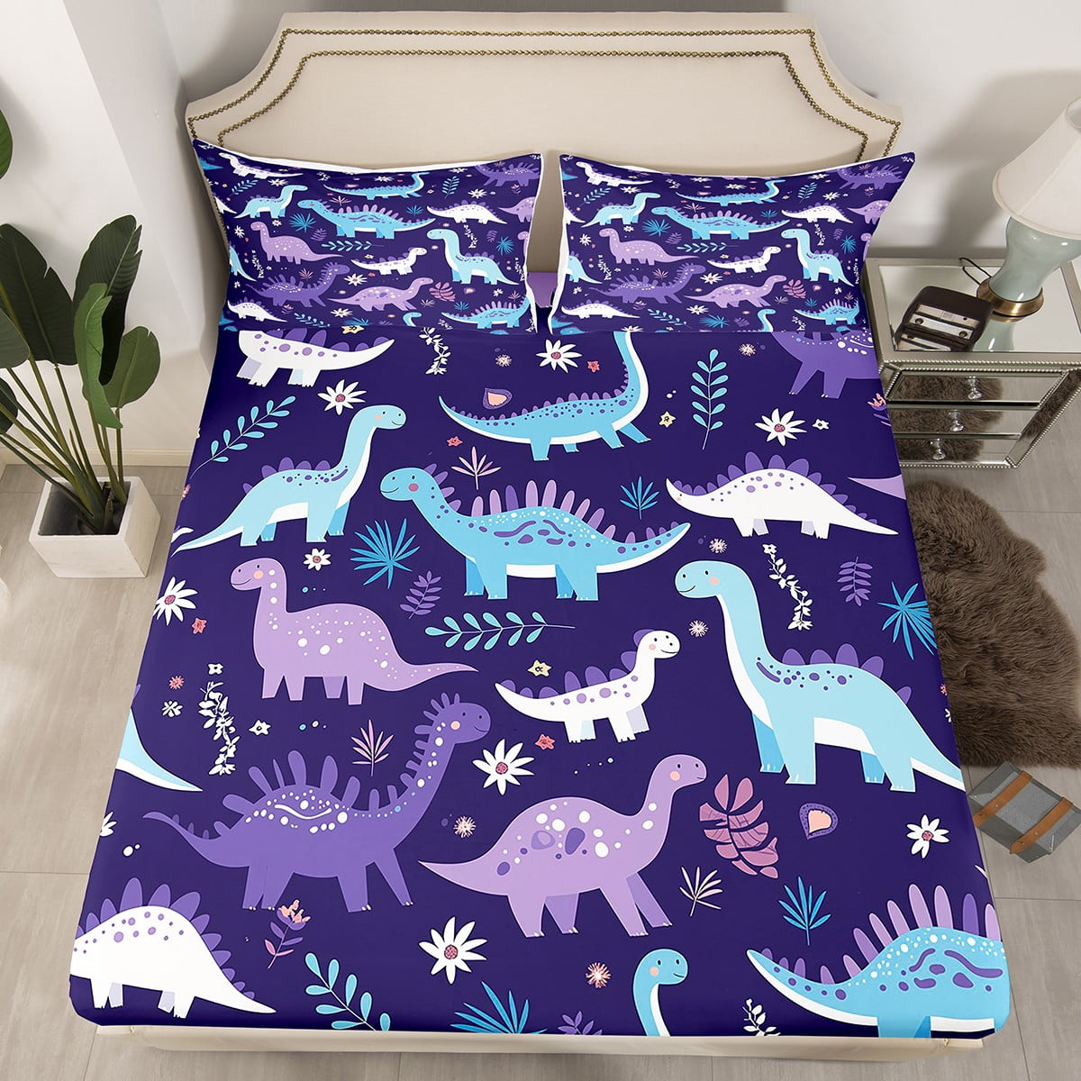 Cartoon Dino Fitted Sheet Full Size, Kawaii Animals Bed Sheets For Kids ...