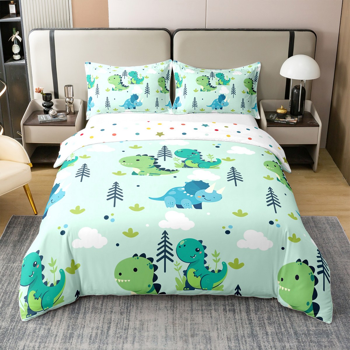 Cartoon Dinosaur 100% Cotton Duvet Cover Queen,Cute Pine Tree Bedding ...