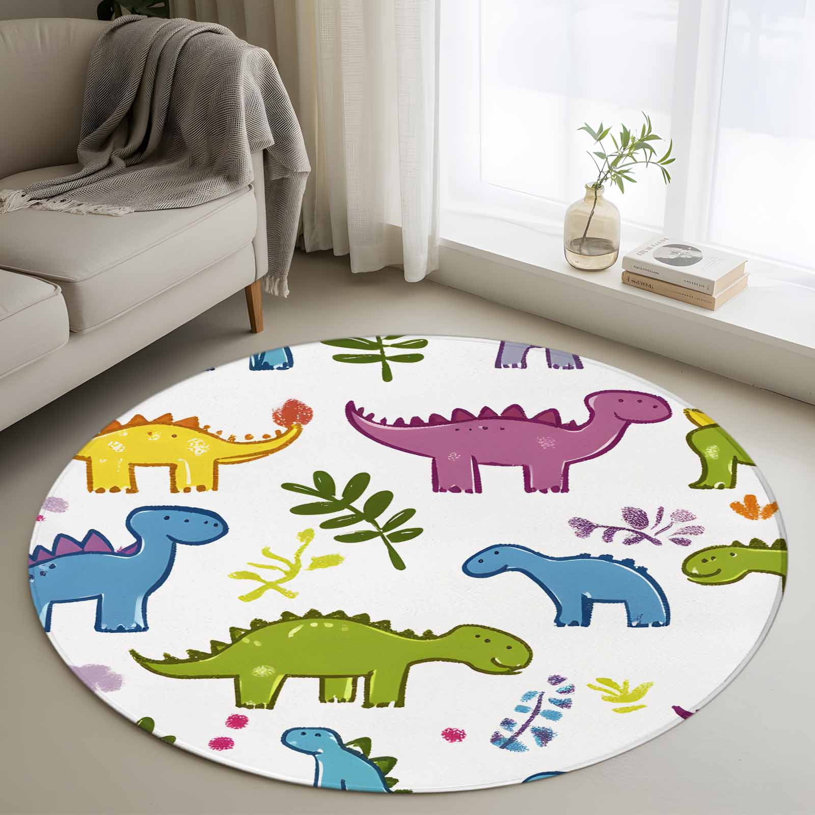 Cartoon Dinosaur 4FT Round Area Rugs for Living Room Simple Cute Ultra ...