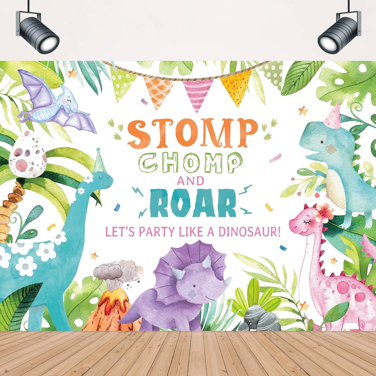 Cartoon Dinosaur Backdrop Watercolor Cute Dino Tropical Jungle Kids ...