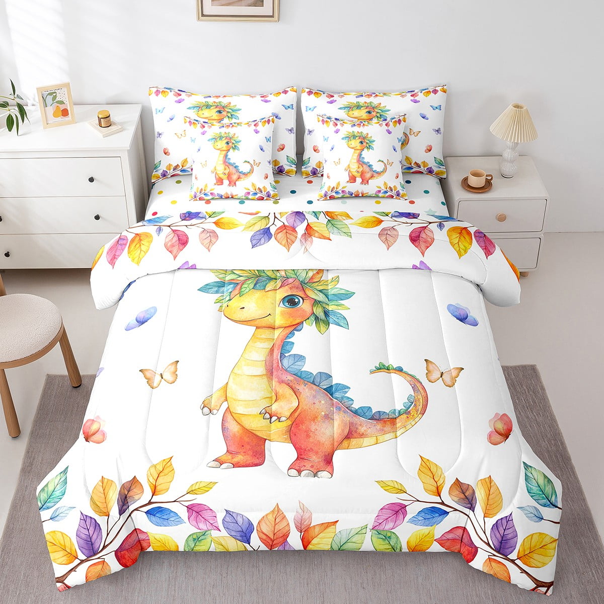 Cartoon Dinosaur Bed in a Bag 7-Piece Cute Animal Dino King Comforter ...