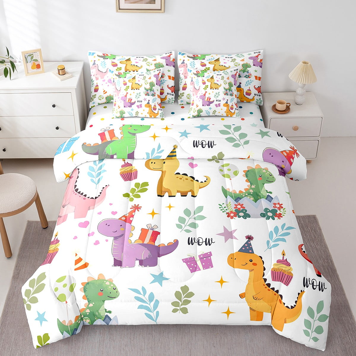 Cartoon Dinosaur Bed in a Bag Queen Comforter Set 7 Piece,Kawaii Dino ...