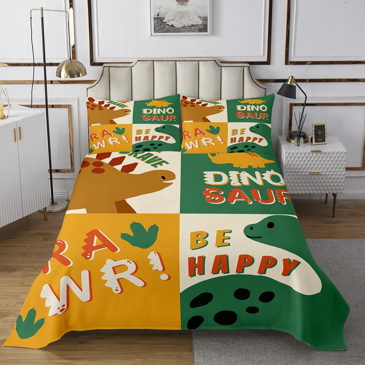Cartoon Dinosaur Bedspread Quilt,Cute Dinosaur Paw Print Ancient Wild ...