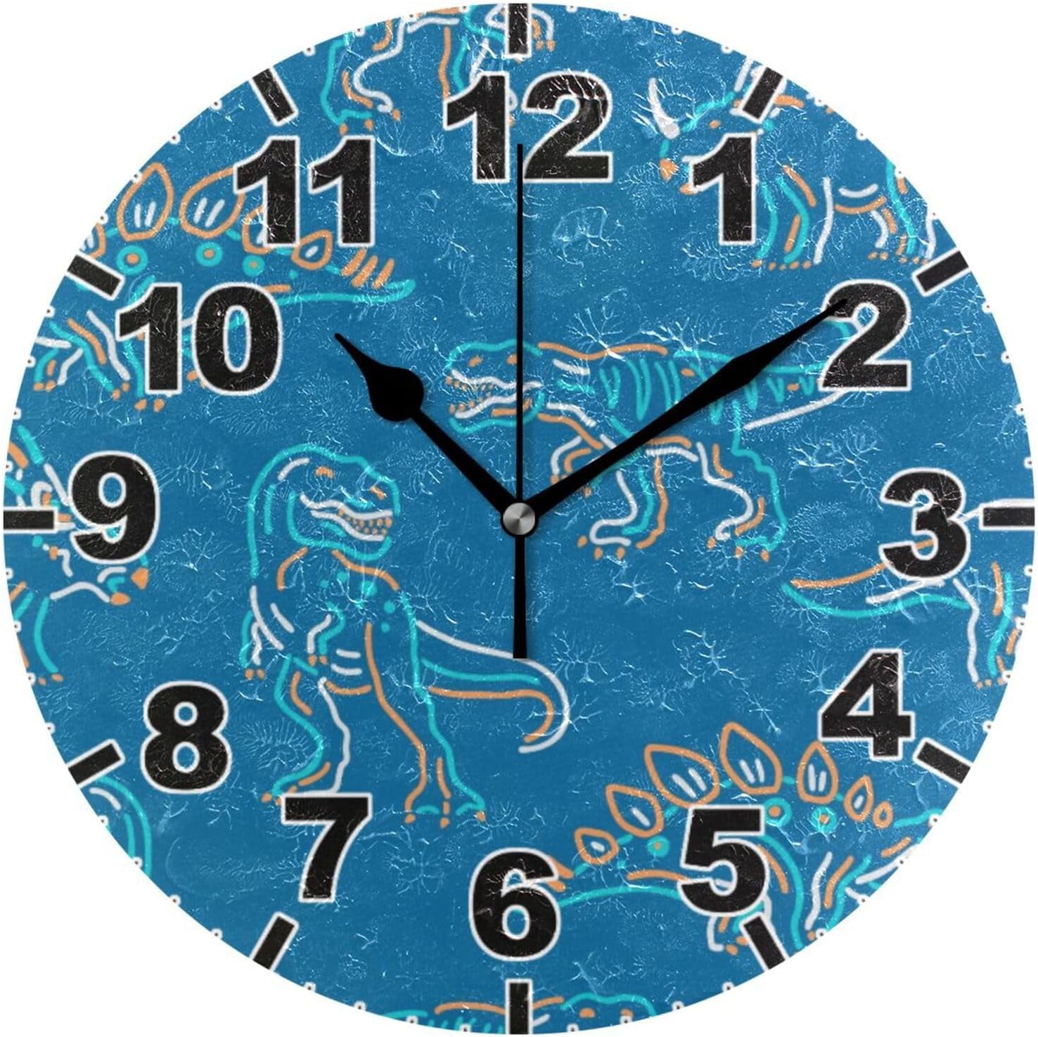 Cartoon Dinosaur Blue Round Wall Clock, Battery Operated Silent Non ...