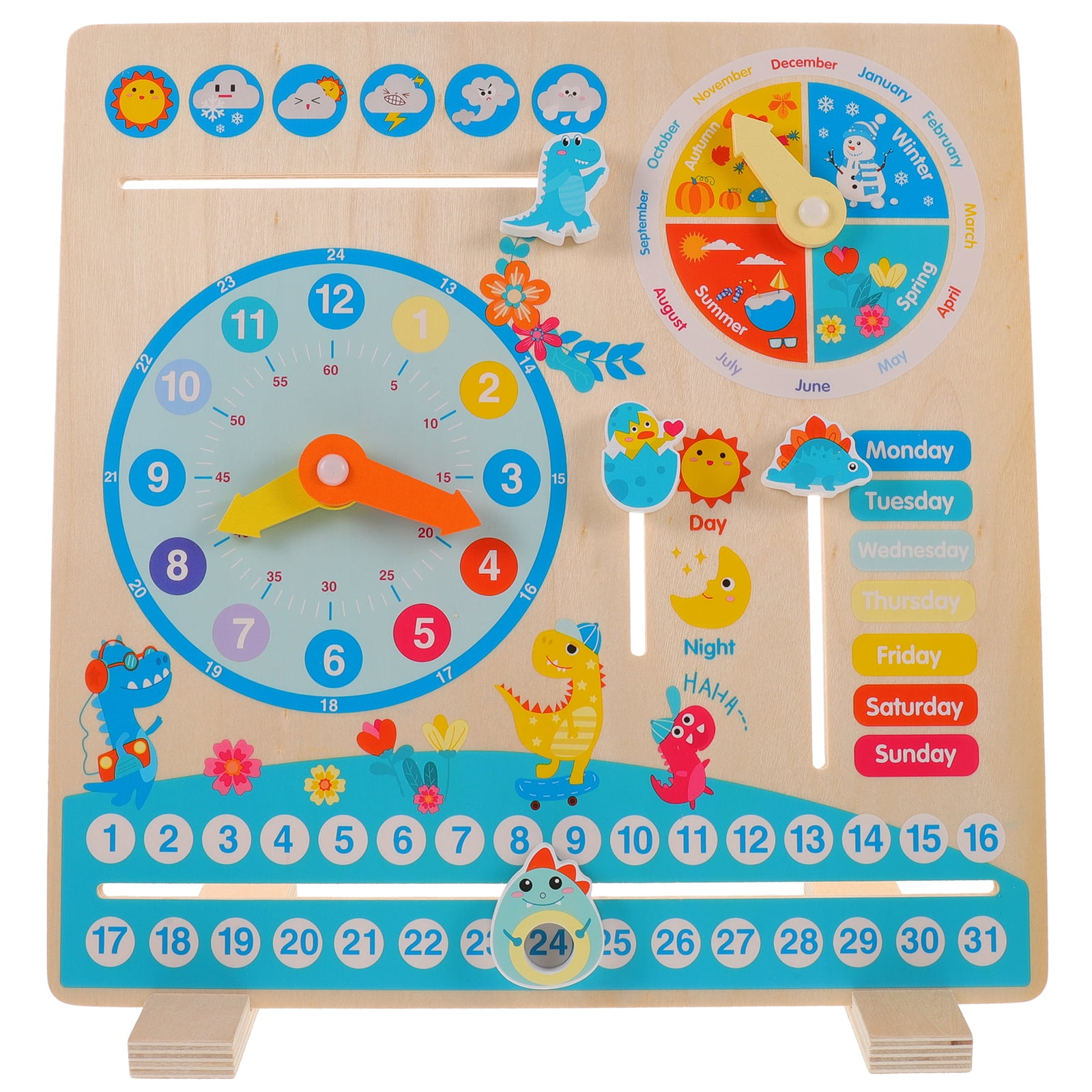 Cartoon Dinosaur Clock Toy Children Clock Toy Wooden Time Weather ...