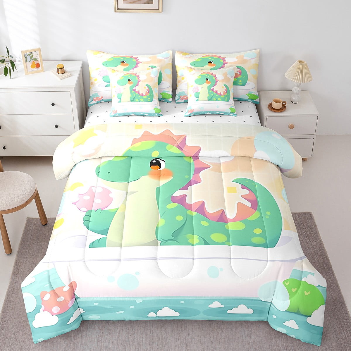 Cartoon Dinosaur Comforter Set 7 Piece Bed in a Bag Twin,Kawaii Dino ...