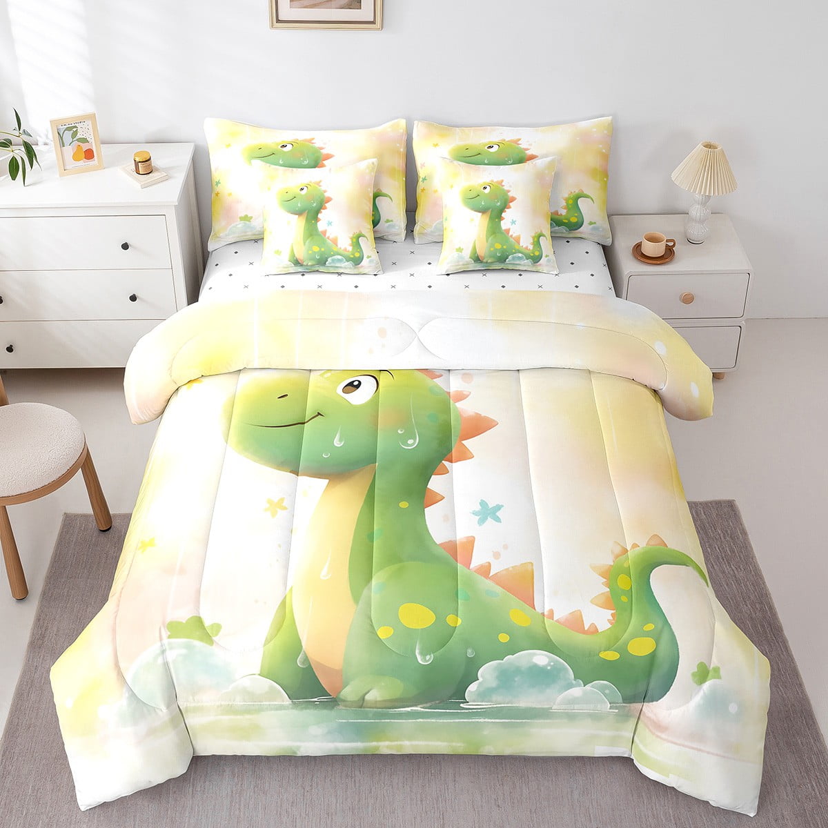 Cartoon Dinosaur Comforter Set 7 Piece Bed in a Bag Twin,Kawaii Dino ...