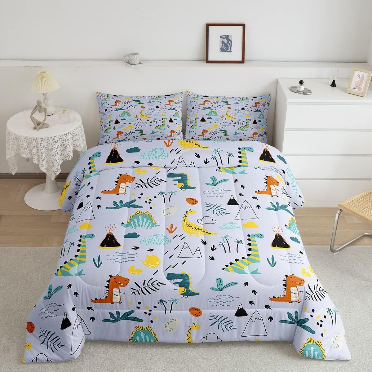 Cartoon Dinosaur Comforter Set King Size Cute Dino Bedding Set Kawaii ...