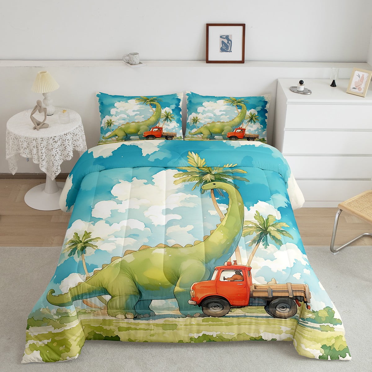 Cartoon Dinosaur Comforter Set Queen Size,Truck and Dinosaur Kawaii Bedding Set Room Decor,Cute ...
