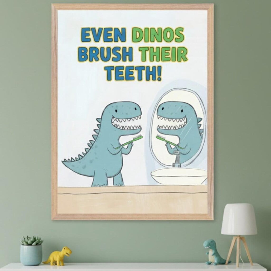 Cartoon Dinosaur Dental Hygiene Dino Toddler Washroom Poster Art ...