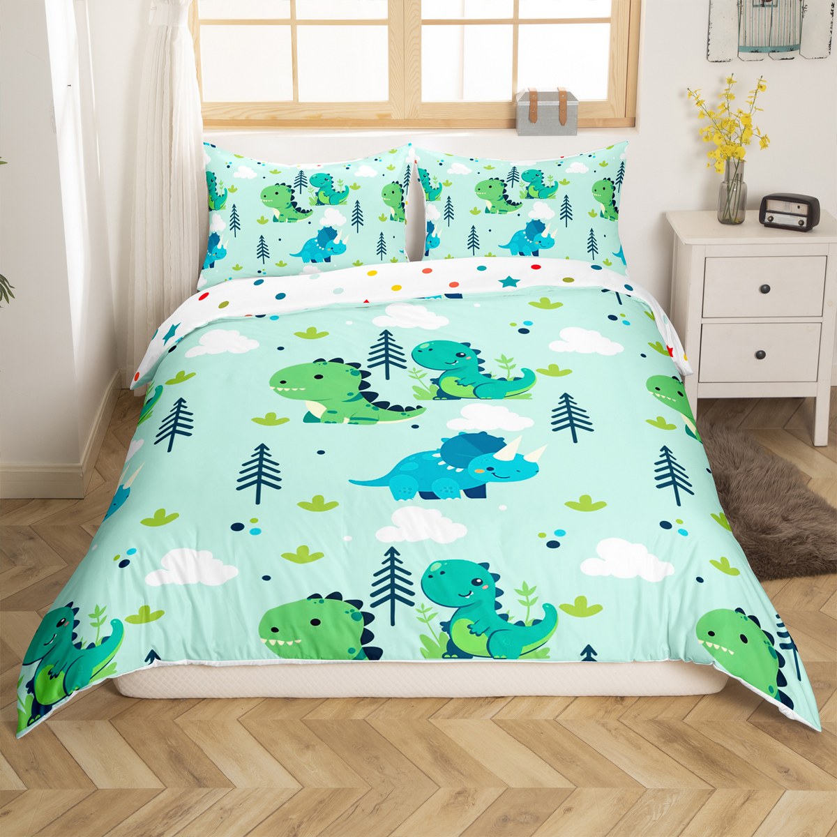 Cartoon Dinosaur Duvet Cover Set Full Size,Cute Pine Tree Bedding Set ...
