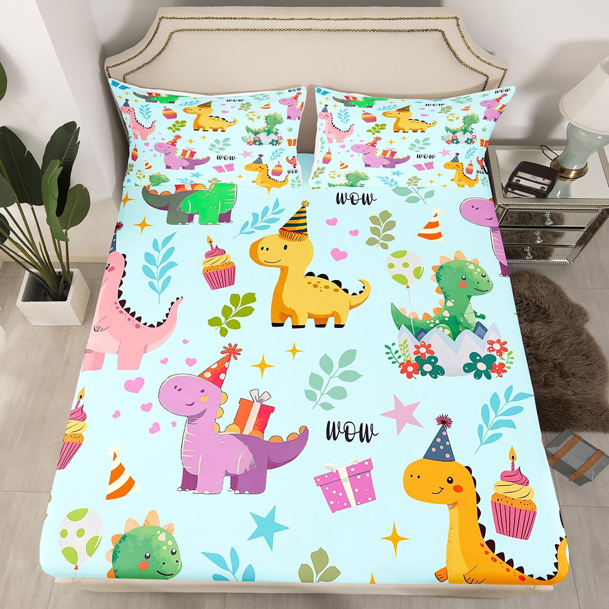 Cartoon Dinosaur Fitted Sheet Kawaii Dino Sheets,Jungle Animals Bed ...