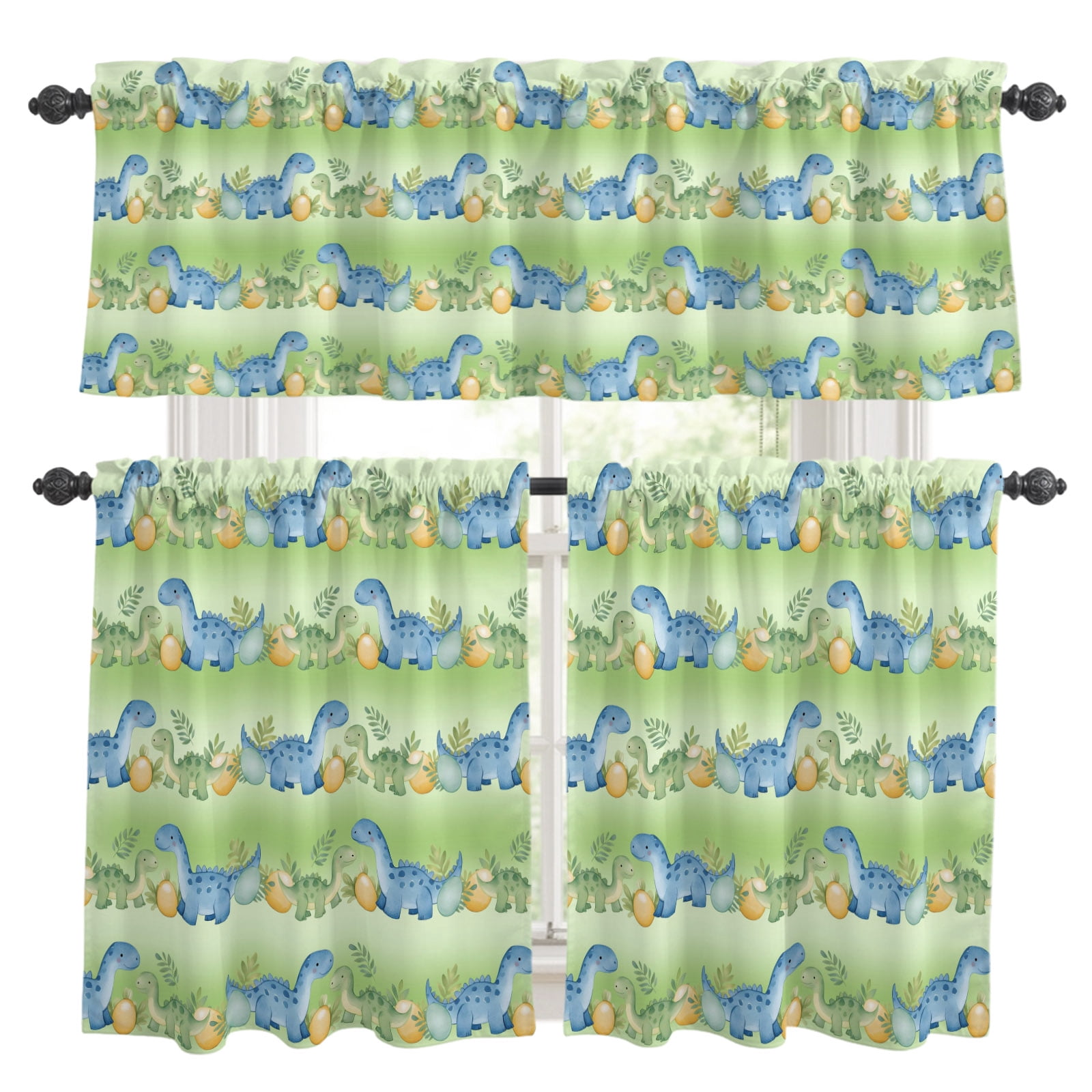 Cartoon Dinosaur Kitchen Curtains Set for Windows, Modern Green Blue ...