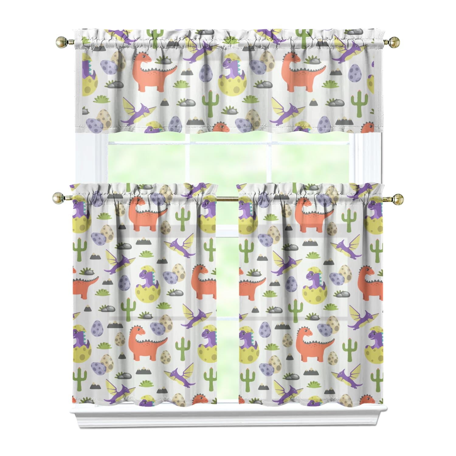 Cartoon Dinosaur Kitchen Curtains - Set of 3 Colorful Tier Panels with ...