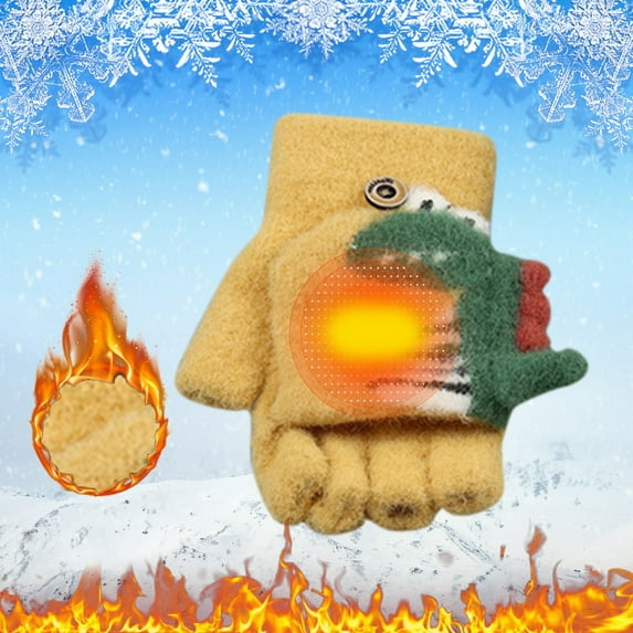 Cartoon Dinosaur Knitted Convertible Winter Gloves for Kids Warm Flip ...