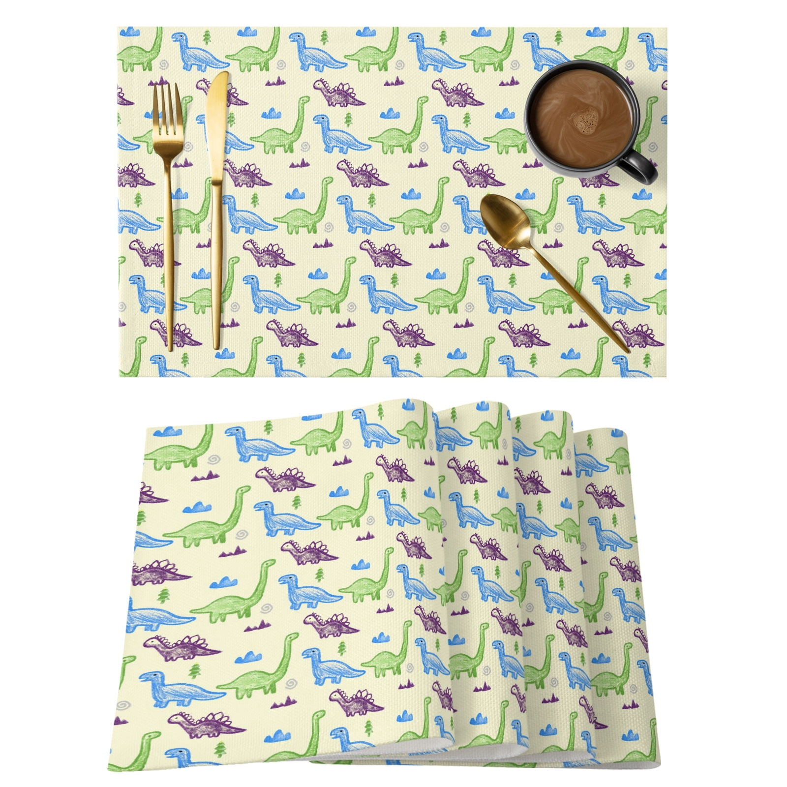 Cartoon Dinosaur Placemats Set of 6 Watercolor Green Blue Dino Yellow ...