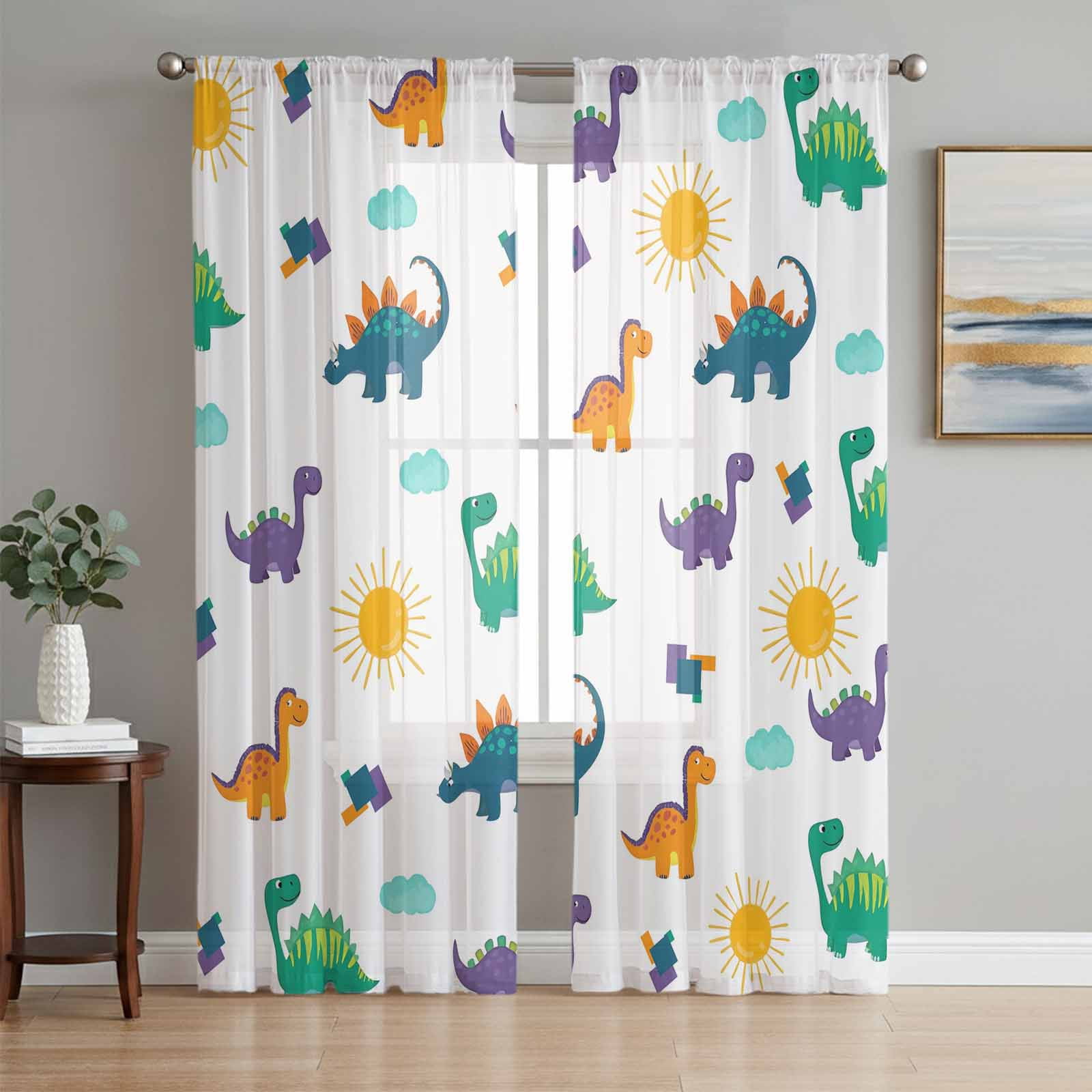 Cartoon Dinosaur Sheer Curtains for Living Room Bedroom Watercolor ...