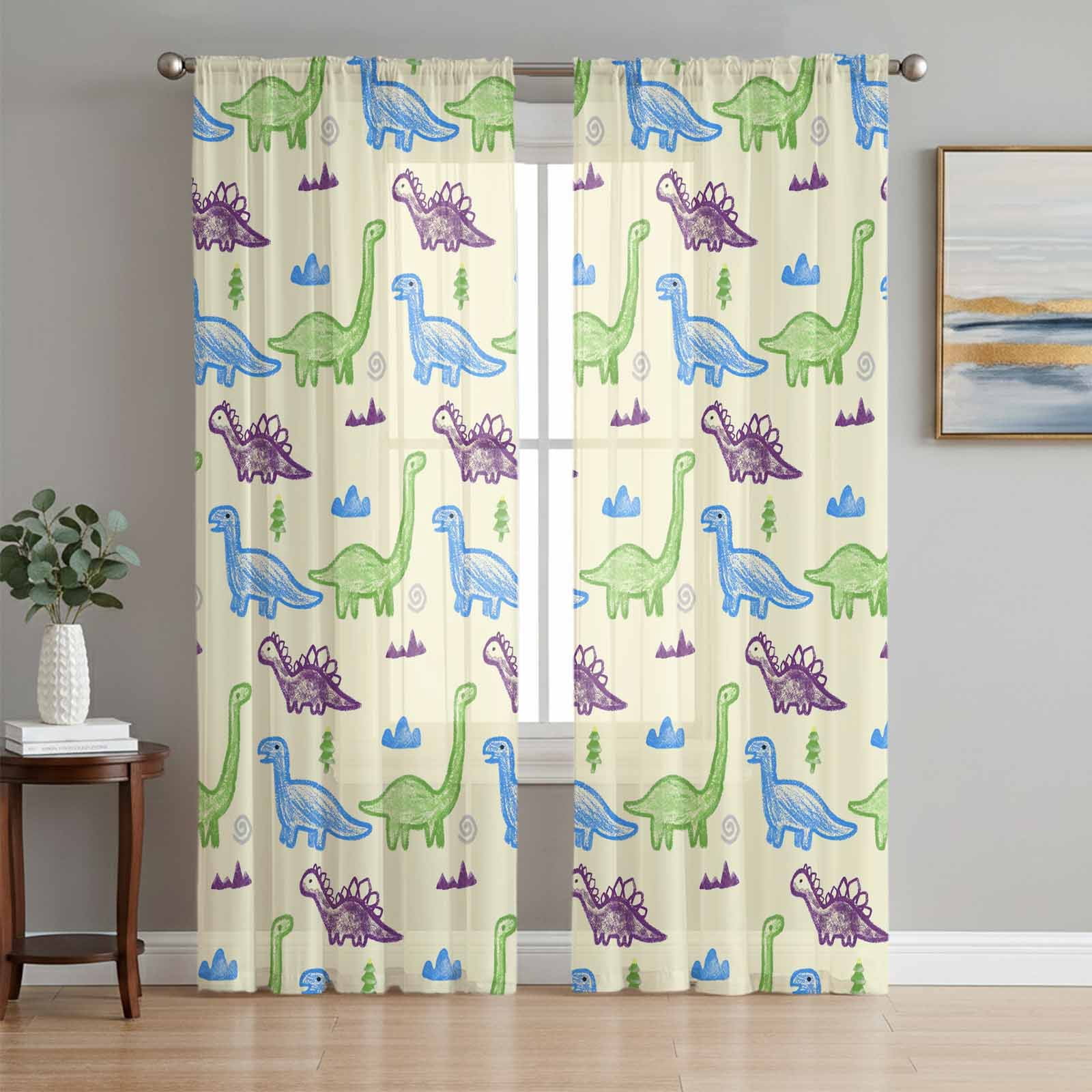 Cartoon Dinosaur Sheer Curtains for Living Room Bedroom Watercolor ...