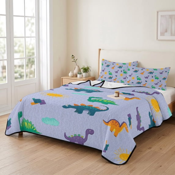 Cartoon Dinosaur Sun on Purple 3 Pieces Quilt Set,1 Quilt with 2 Shams ...