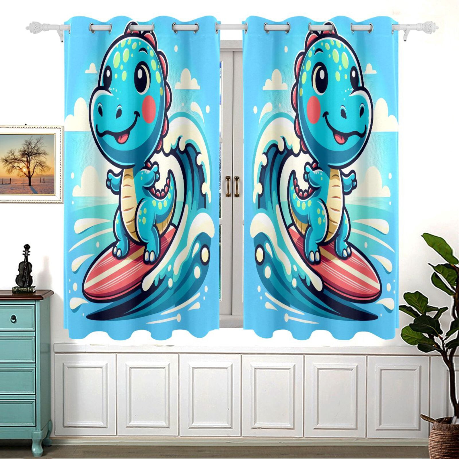 Cartoon Dinosaur Surf Curtain Black Out Thermal Insulation Curtains ...