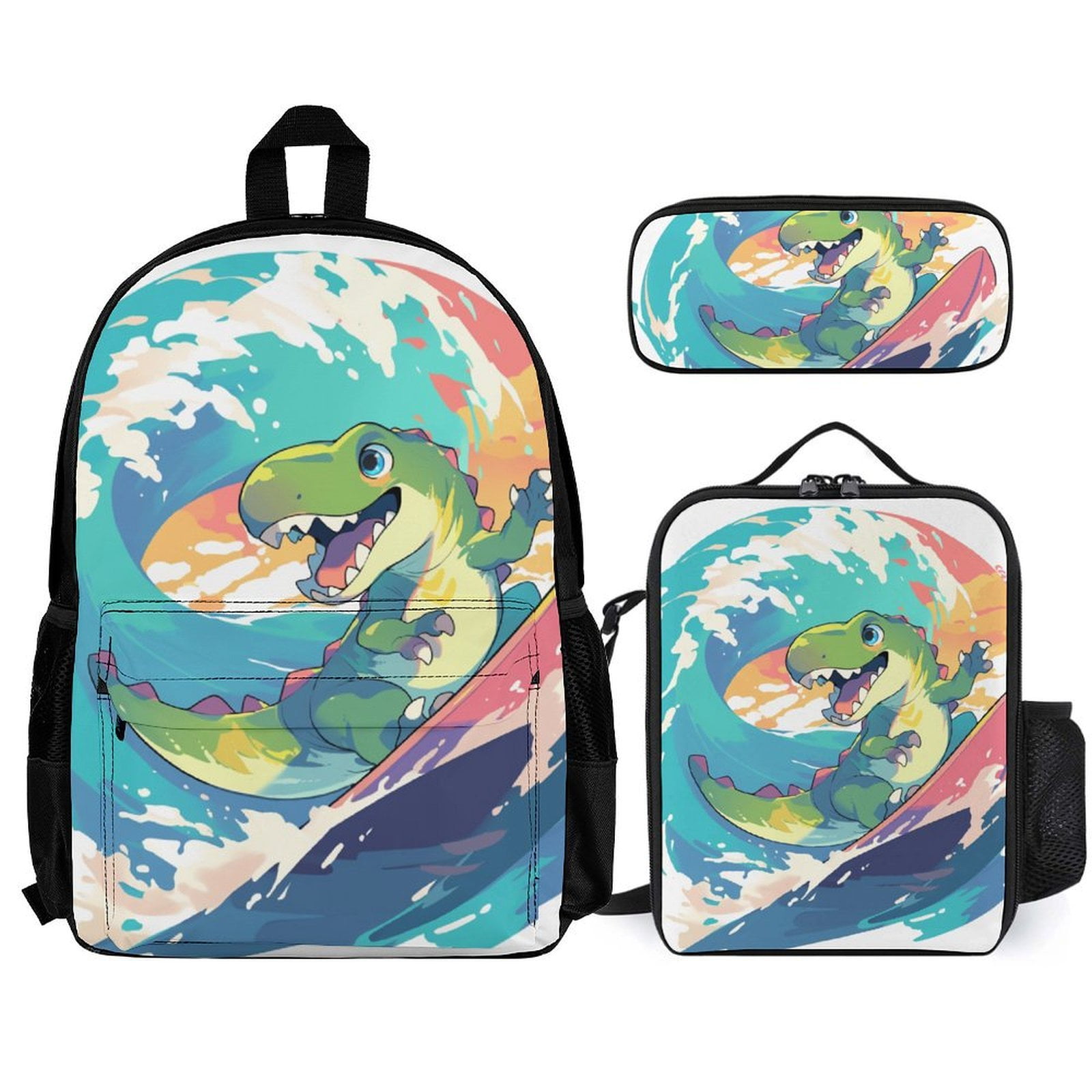 Cartoon Dinosaur Surfing Backpack 3pcs/set Backpack For Camping With ...