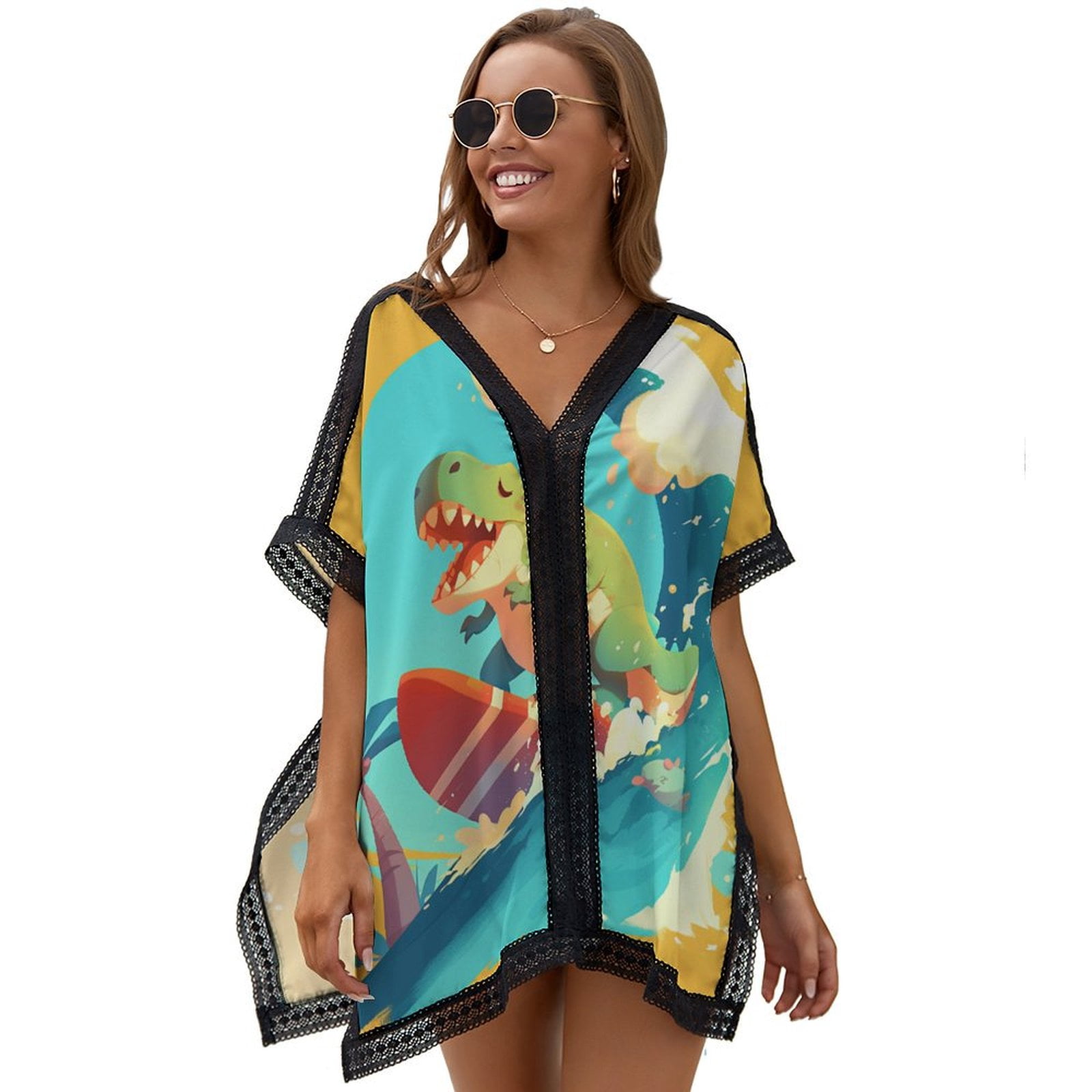 Cartoon Dinosaur Surfing Beach Cover Ups for Women Bathing Suit Cover ...