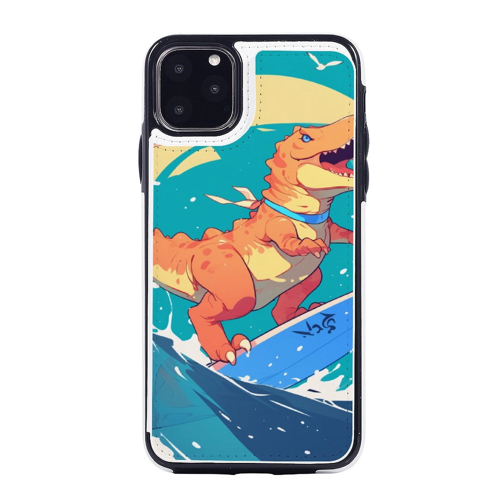 Cartoon Dinosaur Surfing Leather Wallet Case for iPhone 16 15 14 13 12 ...