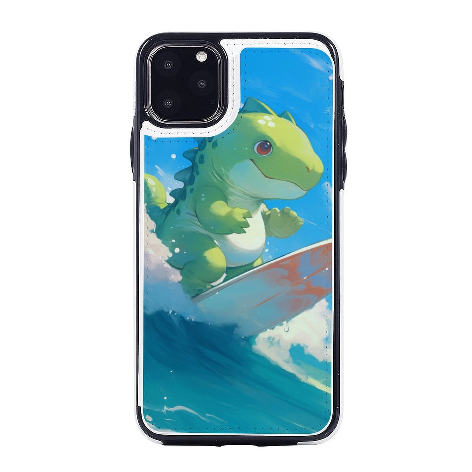 Cartoon Dinosaur Surfing Leather Wallet Case for iPhone 16 15 14 13 12 ...