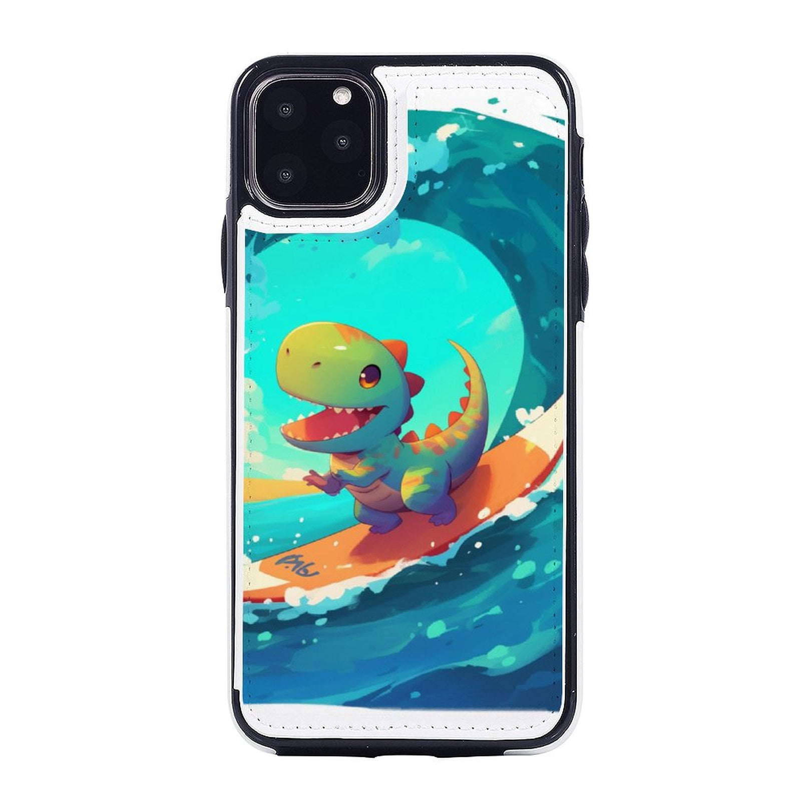Cartoon Dinosaur Surfing Leather Wallet Case for iPhone 16 15 14 13 12 ...