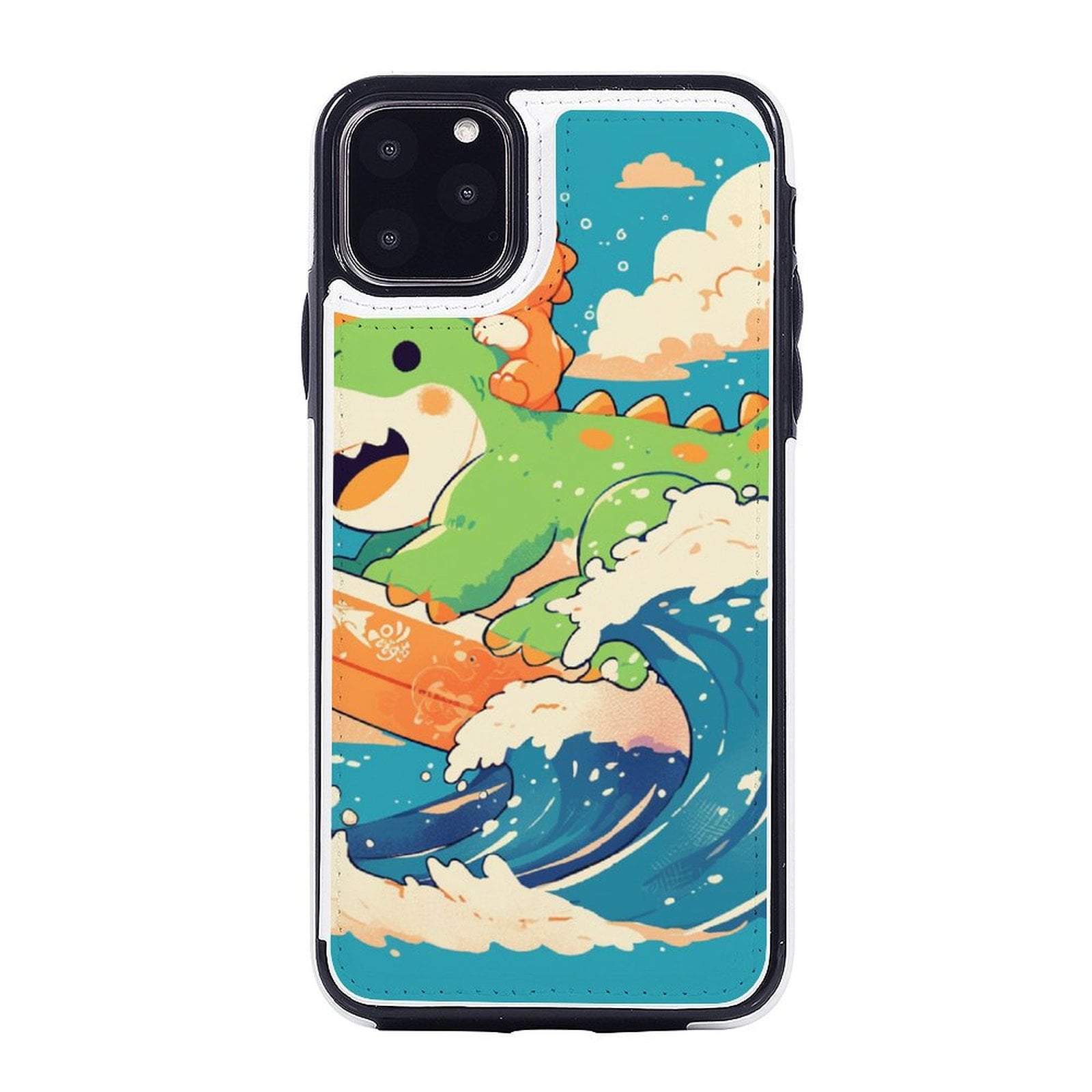 Cartoon Dinosaur Surfing Leather Wallet Case for iPhone 16 15 14 13 12 11 Pro Max Wallet Case ...