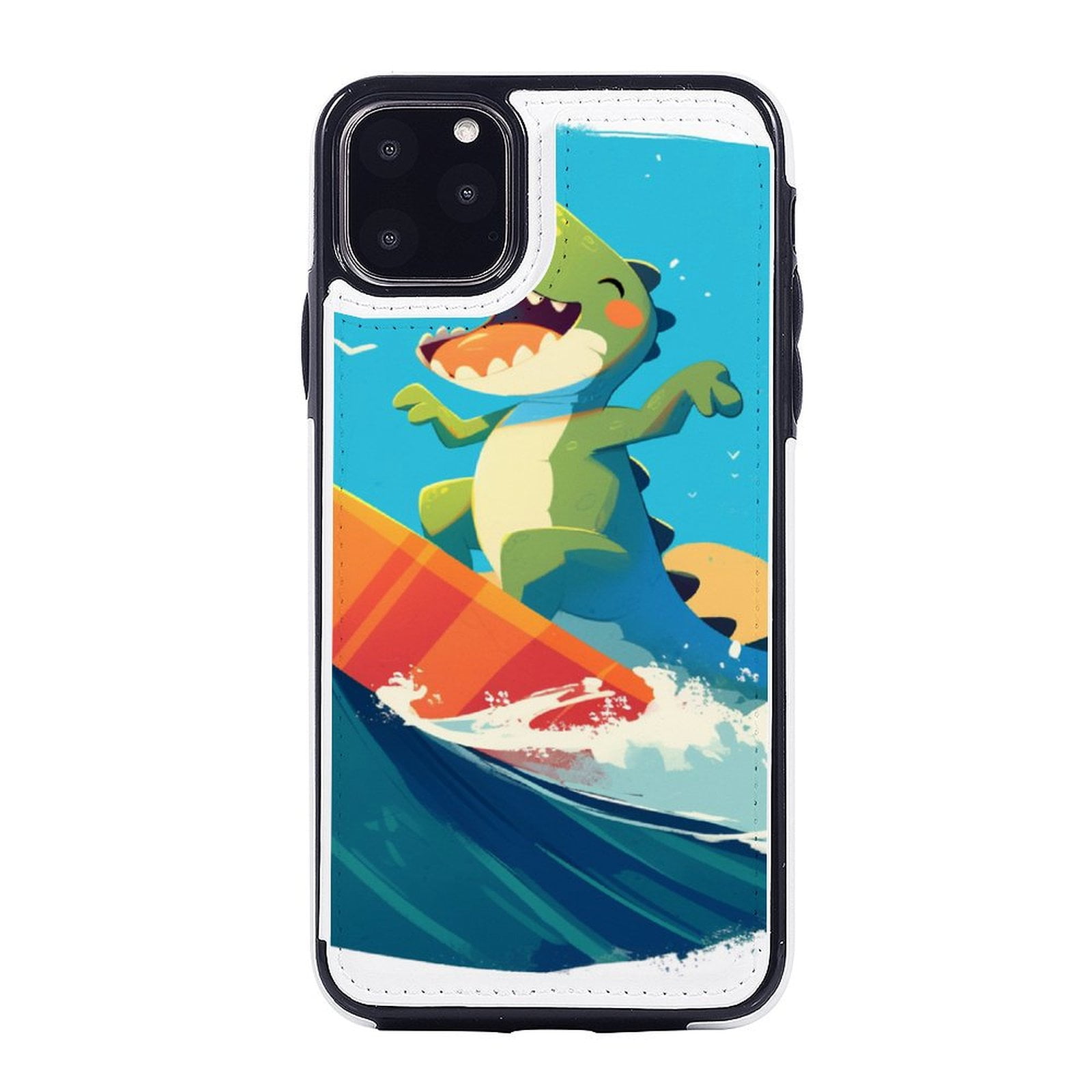 Cartoon Dinosaur Surfing Leather Wallet Case for iPhone 16 15 14 13 12 ...