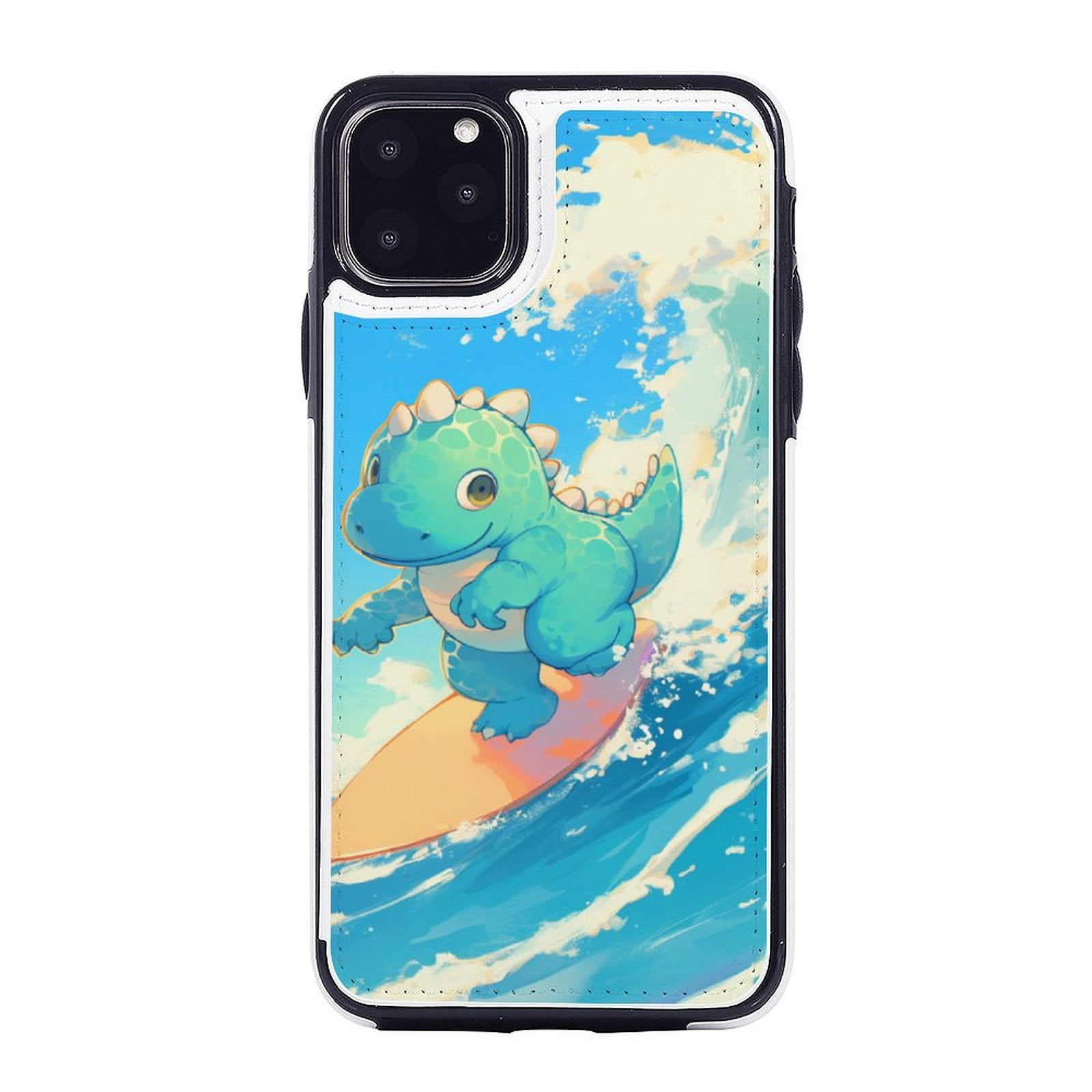 Cartoon Dinosaur Surfing Leather Wallet Case for iPhone 16 15 14 13 12 11 Pro Max Wallet Case ...